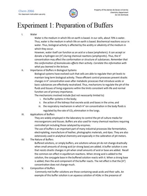 Chem 2066 Biochemistry Experiment 1 Preparation Of Buffers 2020 07007