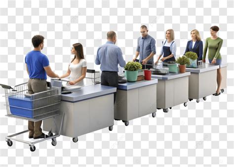 Queue Of Shoppers At Supermarket Checkout Counters With Carts And Goods