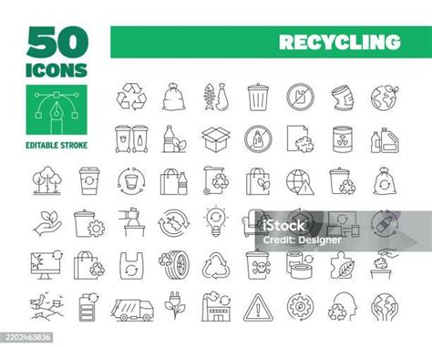 간단한 재활용 라인 아이콘 세트입니다 쓰레기 퇴비 제로 웨이스트 종이 플라스틱 전자 폐기물 생태학 편집 가능한 스트로크 50 라인 아이콘 아이콘에 대한 스톡 벡터 아트 및
