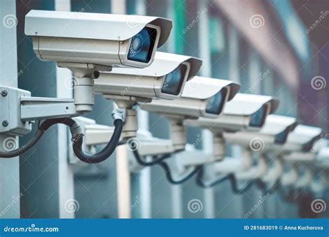 Surveillance Cameras Mounted In A Row On A Bulding Wall Monitoring Busy City Street Generative