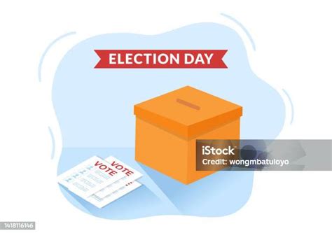 선거일 정치 손으로 그린 만화 플랫 일러스트 레이 션 유권자가 포스터 또는 캠페인에 적합한 미국의 투표소에서 투표 용지를 던지는 경우 선거에 대한 스톡 벡터 아트 및 기타