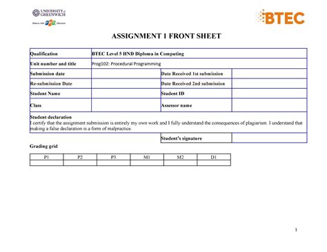 Prog102 Assignment 1 Frontsheet Assignment 1 Front Sheet