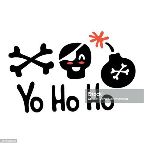 귀여운 아이 해적 인쇄 손으로 그린 재미있는 벡터 클립 아트 귀여운 검은 두개골 뼈 및 요호 호 레터링 축하 행사 포스터 초대장