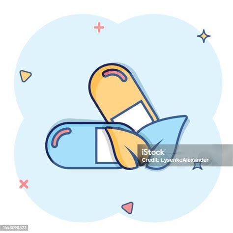 코믹 한 스타일의 비타민 알약 노트 아이콘 흰색 고립 된 배경에 캡슐 만화 벡터 그림 항생제 스플래시 효과 서명 비즈니스 개념