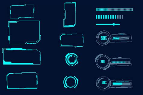 디지털 인터페이스 Hud 요소 세트 팩 사용자 인터페이스 프레임 화면 설명선 제목 Fui 서클 세트 로딩 바 대시보드 현실 기술 화면 벡터 0명에 대한 스톡 벡터 아트 및