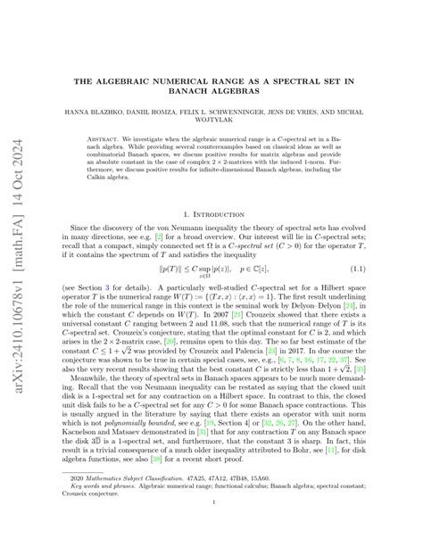 Pdf The Algebraic Numerical Range As A Spectral Set In Banach Algebras