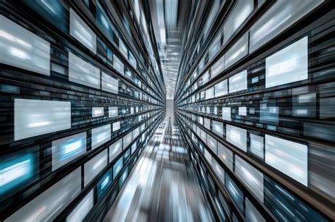 Data Stream Flowing Through Digital Tunnel Of Information Panels Stock