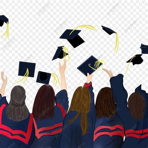 รูปมุมมองด้านหลังที่วาดด้วยมือของหญิงสาวที่ขว้างหมวกปริญญาตรีในฤดูกาลรับปริญญา Png ฤดูกาลรับ