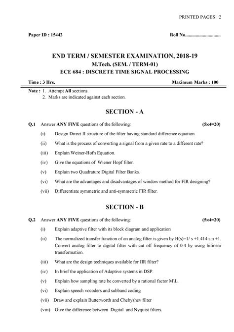 Discrete Time Signal Processing Ece 684 Mtech Term 1 2018 19 Printed Pages 2 Paper