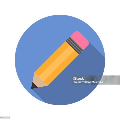 빨간색 지우개와 그림자가 기울어진 평평한 스타일의 노란색 연필 파란색 배경에 연필이 날카롭게 벡터 그림입니다 Eps10 연필에 대한 스톡 벡터 아트 및 기타 이미지 Istock
