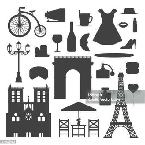 파리 아이콘 벡터 실루엣 유명한 여행 요리 전통 현대 프랑스 문화 유럽 에펠 패션 디자인 건축 기호 그림 파리 일 드 프랑스에 대한 스톡 벡터 아트 및 기타 이미지 Istock