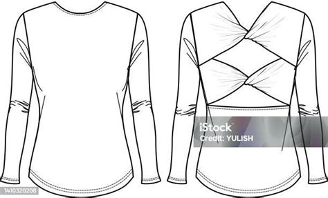 벡터 라운드 넥 긴 소매 톱 패션 Cad 매듭 기술 도면이있는 여성 겨울 티셔츠 컷 아웃 세부 사항 플랫 템플릿 스케치가있는 상단 저지 블라우스 전면 후면보기 흰색 색상 0