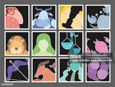 별자리 물병자리 천칭자리 사자자리 황소자리 게자리 물고기자리 처녀자리 염소자리 궁수자리 양자리 쌍둥이자리 전갈자리 색상 벡터 운세 점성술 달력 화려한 디자인 0명에 대한