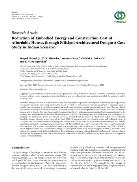Pdf Reduction Of Embodied Energy And Construction Cost Of Affordable Houses Through Efficient