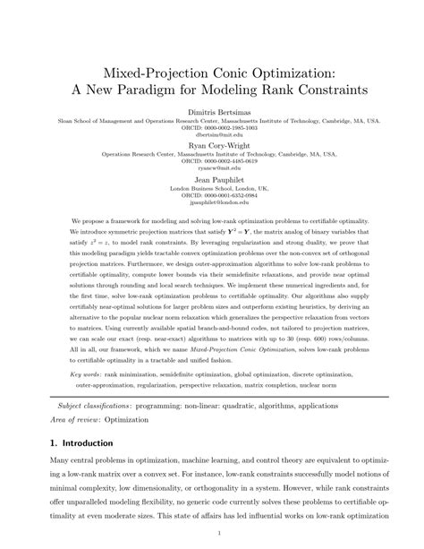 Pdf Mixed Projection Conic Optimization A New Paradigm For Modeling Rank Constraints
