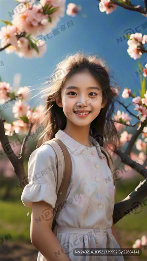 Ai创作图站在粉色桃花树下笑颜如花的女孩春风和煦绿草轻轻天空蓝蓝 昵图网