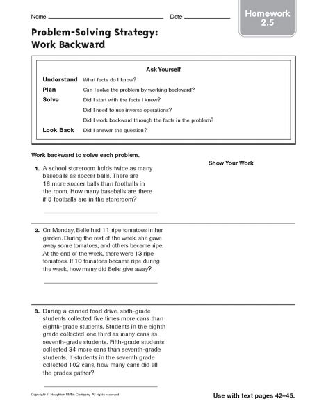 Problem Solving Strategy Work Backward Worksheet For 5th 6th Grade