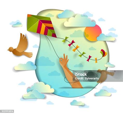 손 들고 연 흐린 하늘 새 비행 및 태양 자유와 분명히 감정적인 개념 벡터 현대적인 스타일 종이 3d 일러스트 컷 3차원 형태에 대한 스톡 벡터 아트 및 기타 이미지