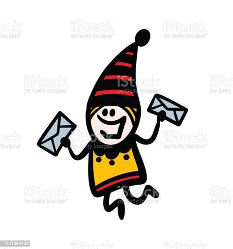 빨간 모자를 쓴 귀엽고 재미있는 드워프가 손에 인사 편지를 들고 점프합니다 귀여운에 대한 스톡 벡터 아트 및 기타 이미지 귀여운 낙서 드로잉 남자 Istock