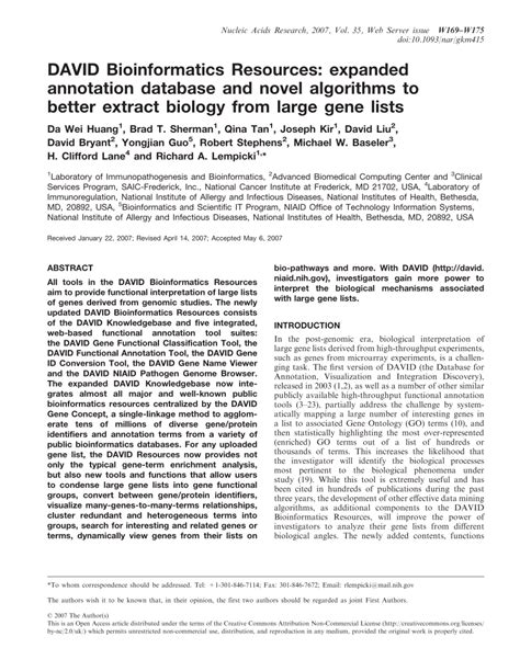 Pdf David Bioinformatics Resources Expanded Annotation Database And Novel Algorithms To