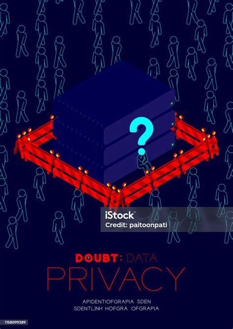 의심 데이터 개인 정보 보호 문제 개념 남자 그림 물음표 머리 앉아 아이소메트릭 스토리지 하드 디스크와 사람들 사이의 장벽 과 사회 일러스트 포스터 및 배너 디자인 파란색