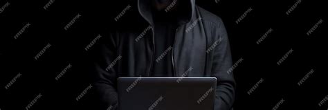 Premium Ai Image Hacker Without Face In A Hood Holds A Laptop On A Background Banner For Cyber