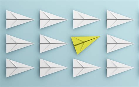 리더십 또는 파란 배경에 노란과 백색 종이 비행기와 다른 개념 디지털 공예 교육 또는 여행 개념입니다 디자인을 비웃는 다 3d 추상 그림 3차원 형태에 대한 스톡 사진 및