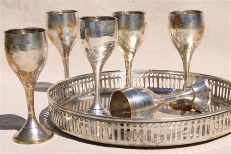 Vintage Silver Plated Brass Goblets Set Six Tiny Wine Glasses And Tray