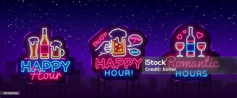 해피 아워 네온 컬렉션 벡터 서명 행복 한 시간 디자인 서식 파일 네온 로그인 밤 저녁 식사 축 하 라이트 배너 네온 간판 광고