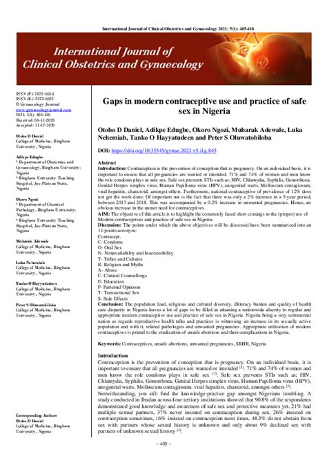 Pdf Gaps In Modern Contraceptive Use And Practice Of Safe Sex In Nigeria