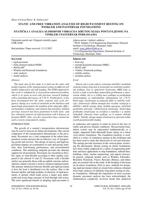 Pdf Static And Free Vibration Analysis On Rigid Pavement Resting On Winkler And Pasternak