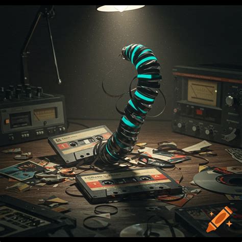 A Glowing Worm Made Of Tape Emerges From An Old Cassette Tape On A Dark Wooden Desk Filled With