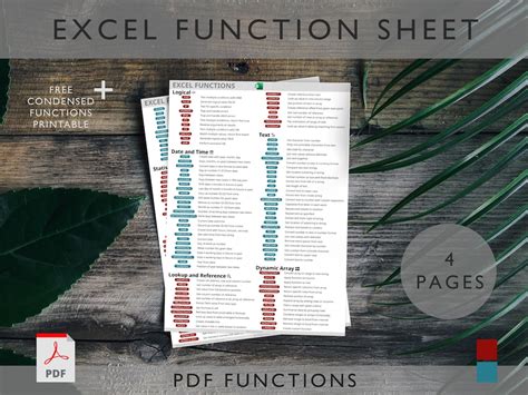 Excel Functions Cheat Sheet Printable Guide Pdf Etsy