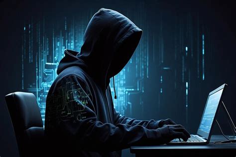 Mysterious Hacker In Dark Hoodie Breaking Into Systems Techthemed Setting Premium Ai Generated