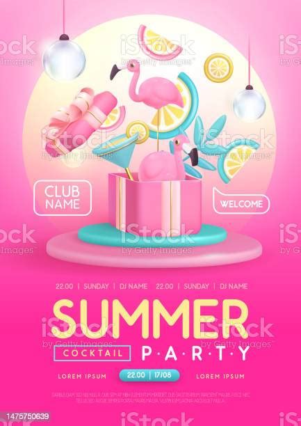 3d 플라스틱 칵테일 열대 잎 플라밍고가 있는 여름 칵테일 디스코 파티 포스터 벡터 그림 3차원 형태에 대한 스톡 벡터 아트 및 기타 이미지 Istock