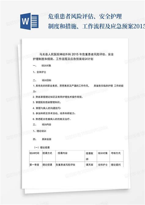 危重患者风险评估、安全护理制度和措施、工作流程及应急预案2015年培训word模板下载编号qdkjmywk熊猫办公