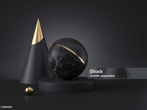 3d 렌더링 검은 색 배경에 격리 된 추상 최소 기하학적 개체 대리석 질감 황금 금속 공간을 복사합니다 원뿔 공 실린더 연단 원시 모양 프리미엄 미래 장식 요소 3차원
