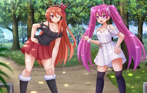 Download Wallpaper Grass Cleavage Blouse Thighhighs Pink Hair Red