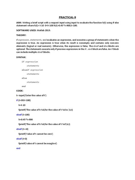 Practical 9 If Expression Statements End Elseif Else If End If Elseif Pdf Chart