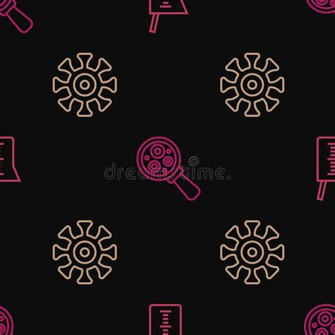 Set Line Laboratory Glassware Or Beaker Bacteria And Microorganisms Under Magnifier On Seamless