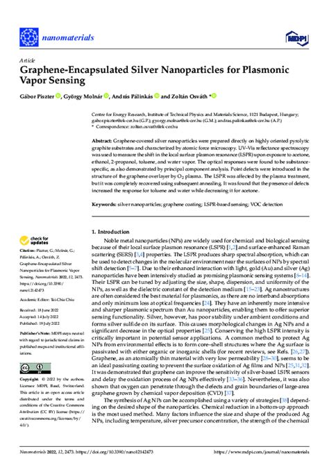 Pdf Graphene Encapsulated Silver Nanoparticles For Plasmonic Vapor Sensing