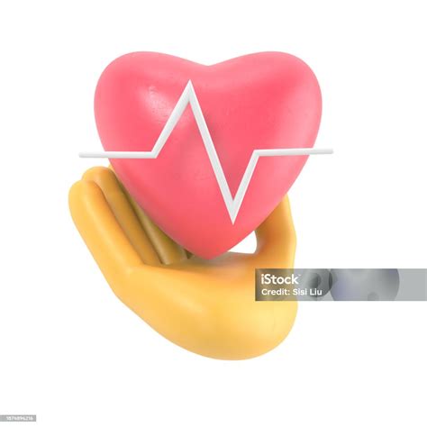 3d 렌더링 의료 심박수 아이콘입니다 의사 또는 심장 전문의 만화 손은 차트 라인으로 심장을 잡고 있습니다 헬스케어 일러스트레이션 심전도 클립 아트3d 흰색 배경에 렌더링