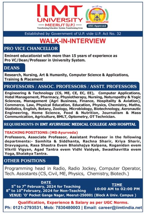 Iimt University Meerut Meerut Wanted Teaching And Non Teaching Faculty Facultyplus