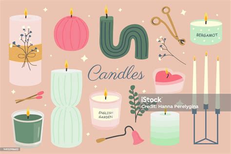 불타는 촛불 모음입니다 아로마 테라피와 휴식을위한 장식용 왁스 양초 다양한 크기와 모양 손으로 그린 벡터 세트입니다 트렌디하고 아름다운 양초 격리된 배경입니다 개인 장식품에