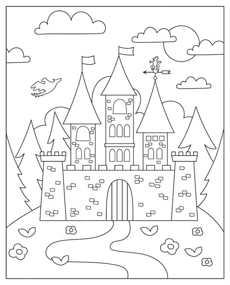 언덕에 성이 있는 벡터 흑백 동화 풍경 동화 배경 마법의 왕국 색칠 페이지 중세 궁전 타워와 함께 풍경 그림 프리미엄 벡터