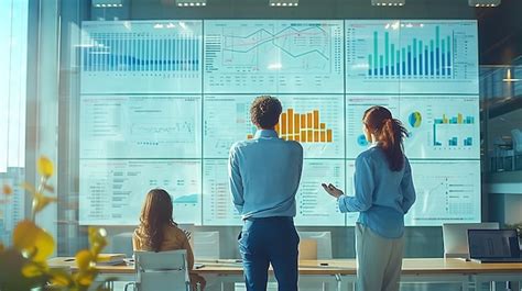 Team Analyzing Data On Large Display Screens Premium Ai Generated Image