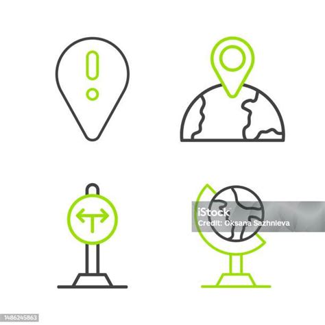 Set Line Earth Globe Fork In The Road Location On And With Exclamation Mark Icon Vector Stock