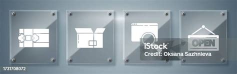 브라우저 창에서 열기 검색 판지 골판지 상자 및 선물 상자로 교수형 기호를 설정합니다 정사각형 유리 패널 벡터 검색에 대한 스톡 벡터 아트 및 기타 이미지 Istock