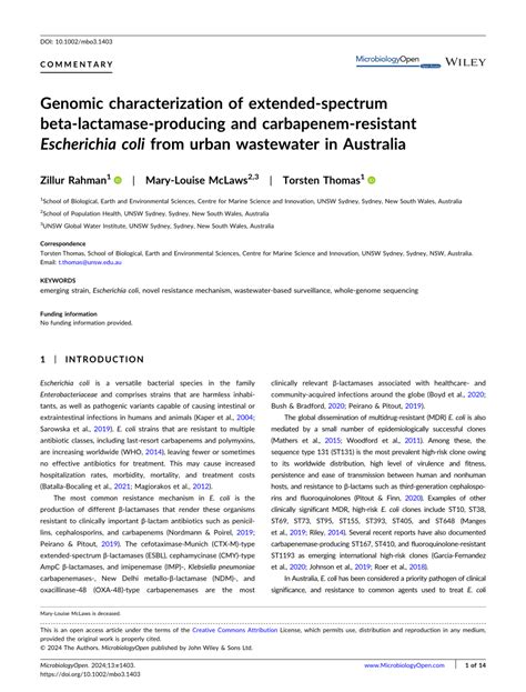 Pdf Genomic Characterization Of Extended‐spectrum Beta‐lactamase‐producing And Carbapenem