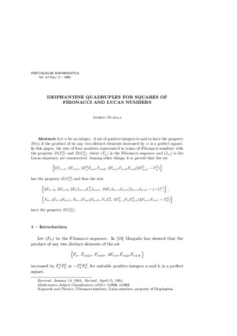 Pdf Diophantine Quadruples For Squares Of Fibonacci And Lucas Numbers